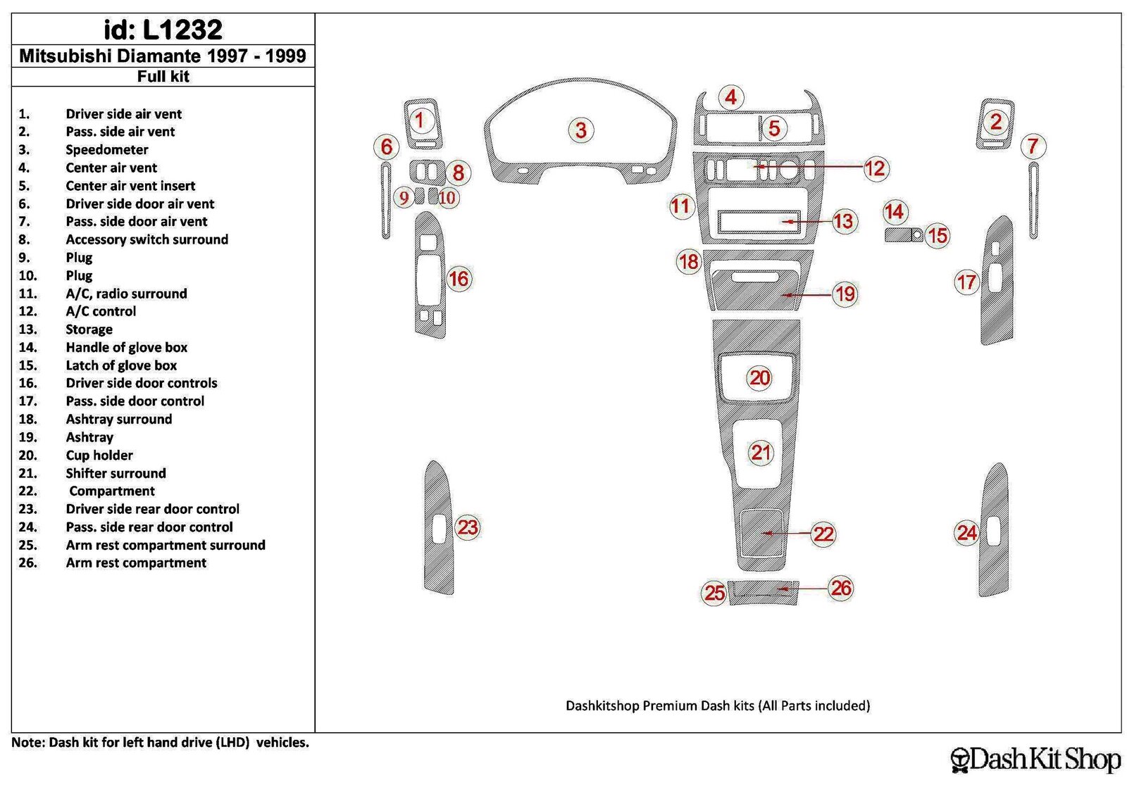 Декоративные накладки салона для Mitsubishi Diamante 1997-1999. Комплект L1232.