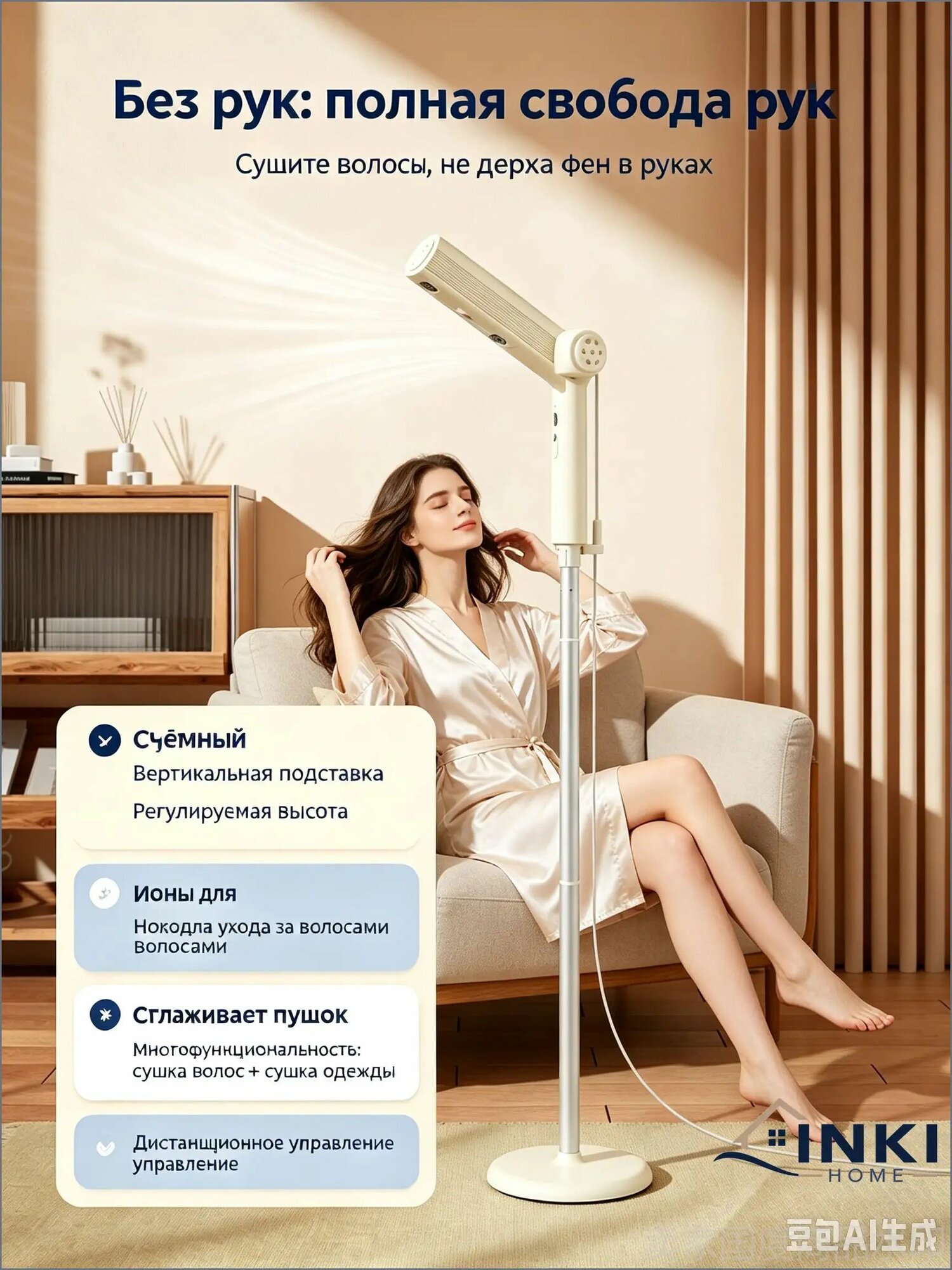 Фен для волос mianshouchichuifengji 1700 Вт, скоростей 3, бежевый