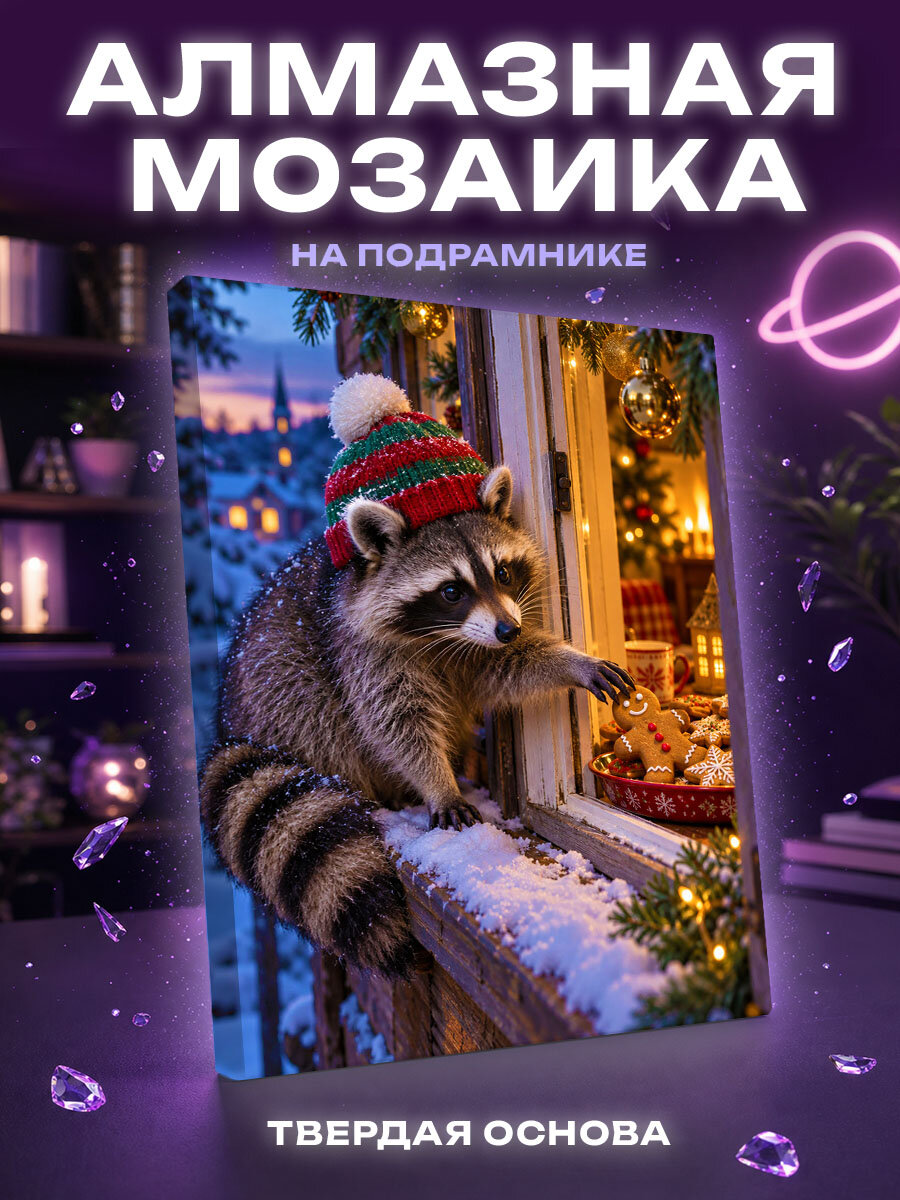 Алмазная мозаика Енот и новогодняя пряничная кража