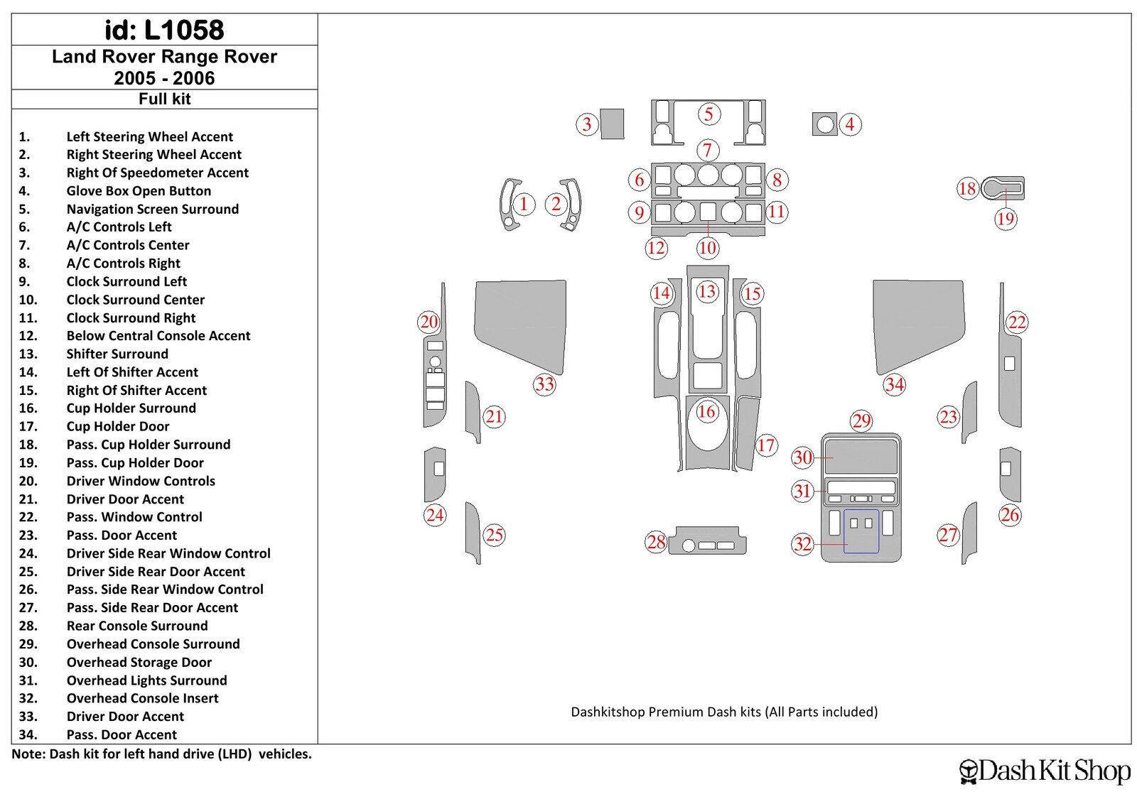 Декоративные накладки салона для Land Rover Range Rover 2005-2006. Комплект L1058.