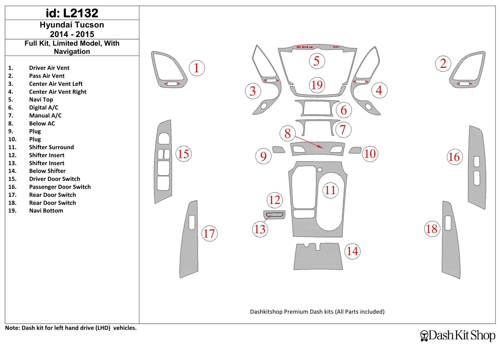 Декоративные накладки салона для Hyundai Tucson 2014-UP. Комплект L2132.