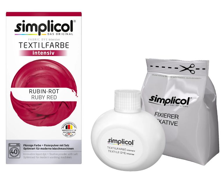 Simplicol краска текстильная Intensiv Рубиново - красный цвет, RUBIN-ROT (150 мл красителя, 400 г фиксатора), для хлопка, джинсов, вискозы, льна, смесовых ткан