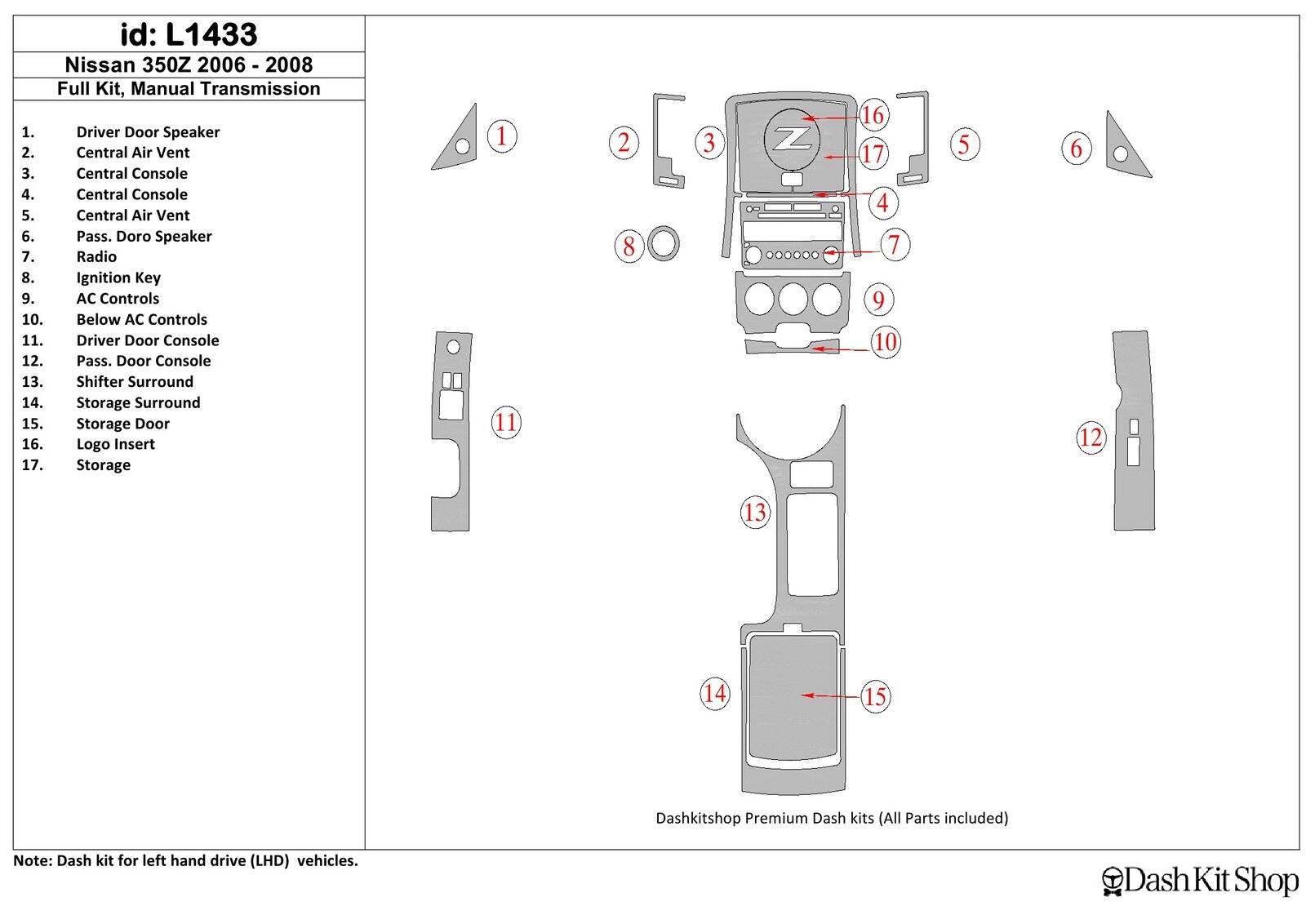 Декоративные накладки салона для Nissan Z350 2006-2008. Комплект L1433.