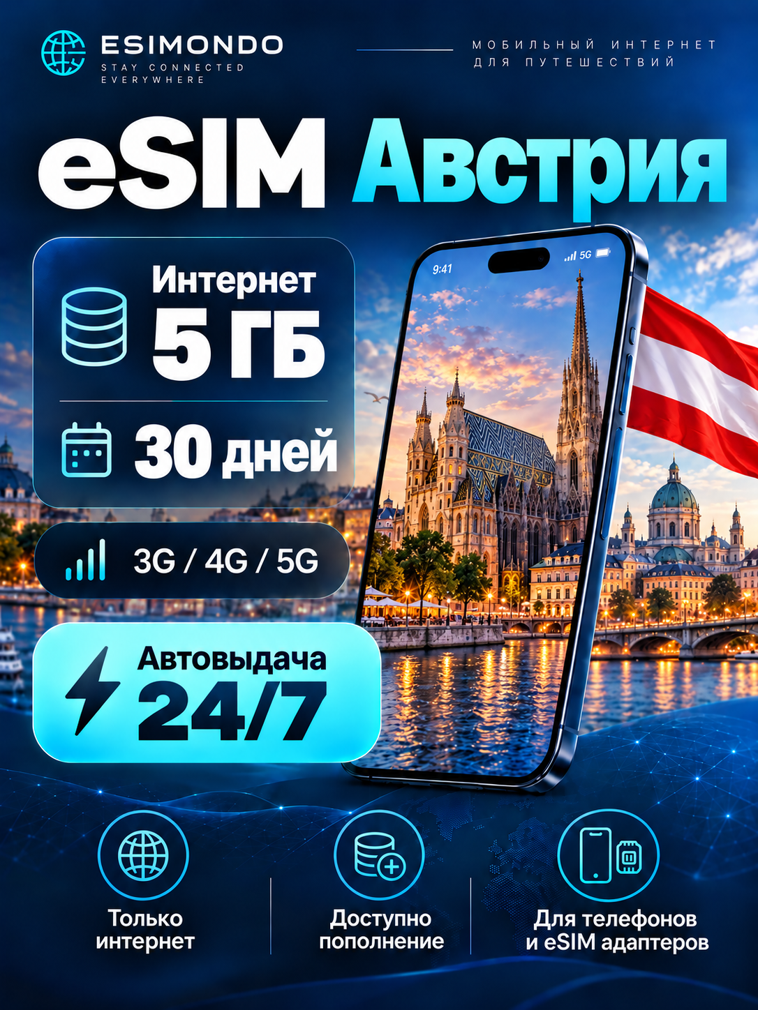 ESIM Австрия | Интернет 5 ГБ | 30 дней | 3G/4G/5G | Автовыдача 24/7