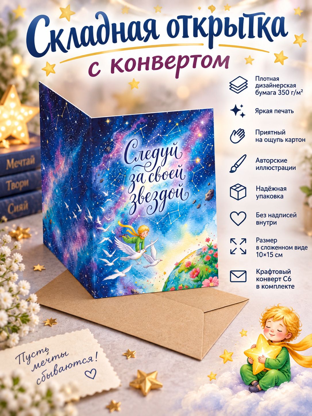 "Следуй за своей звездой", яркая мотивирующая открытка с конвертом, дизайнерская бумага, 10x15 см, складная без надписей, для любителей "Маленького принца" и путешественников