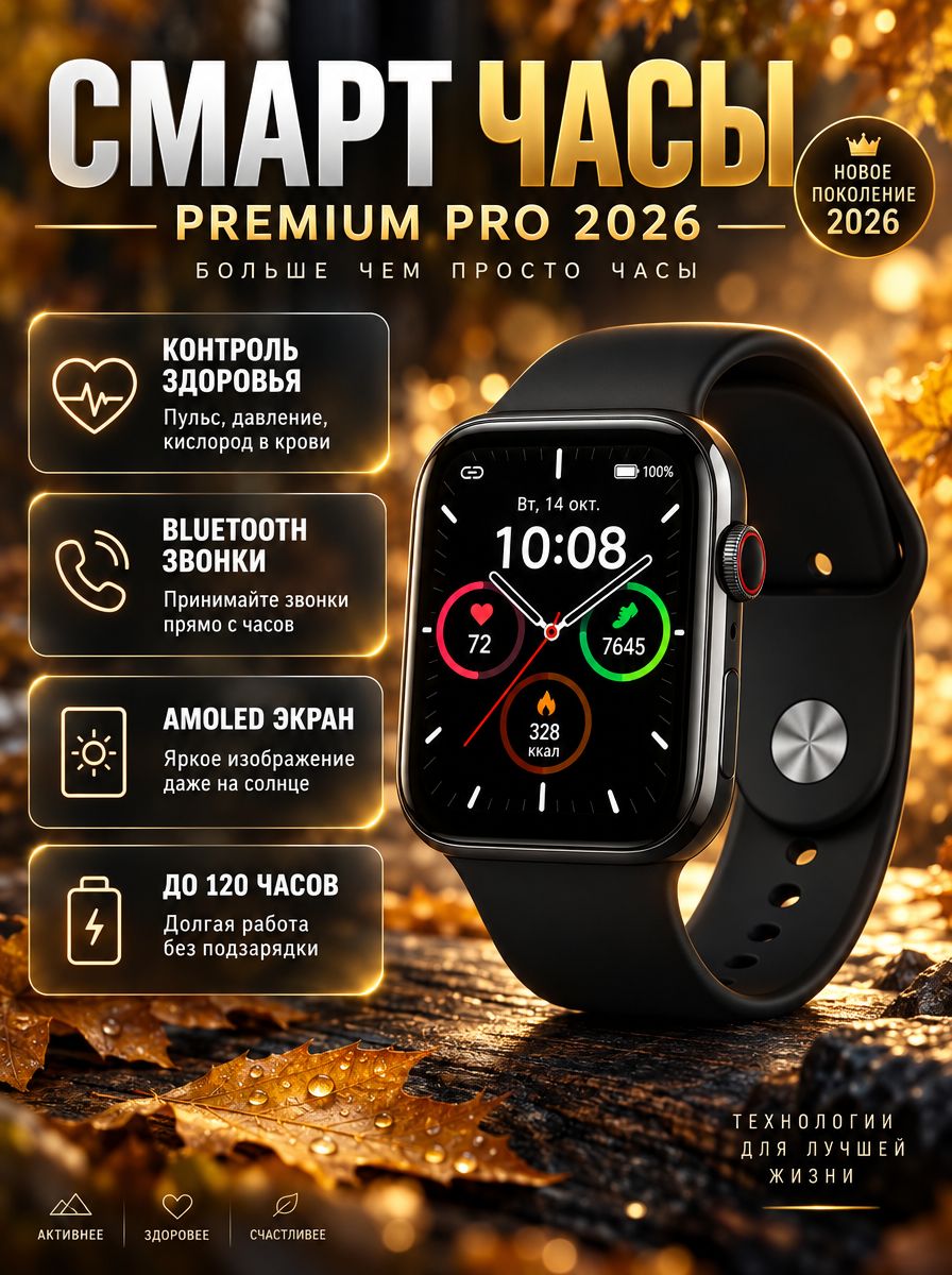 Смарт часы Premium Pro мужские, женские 2026, умные часы мужские, женские, 45 мм, черный