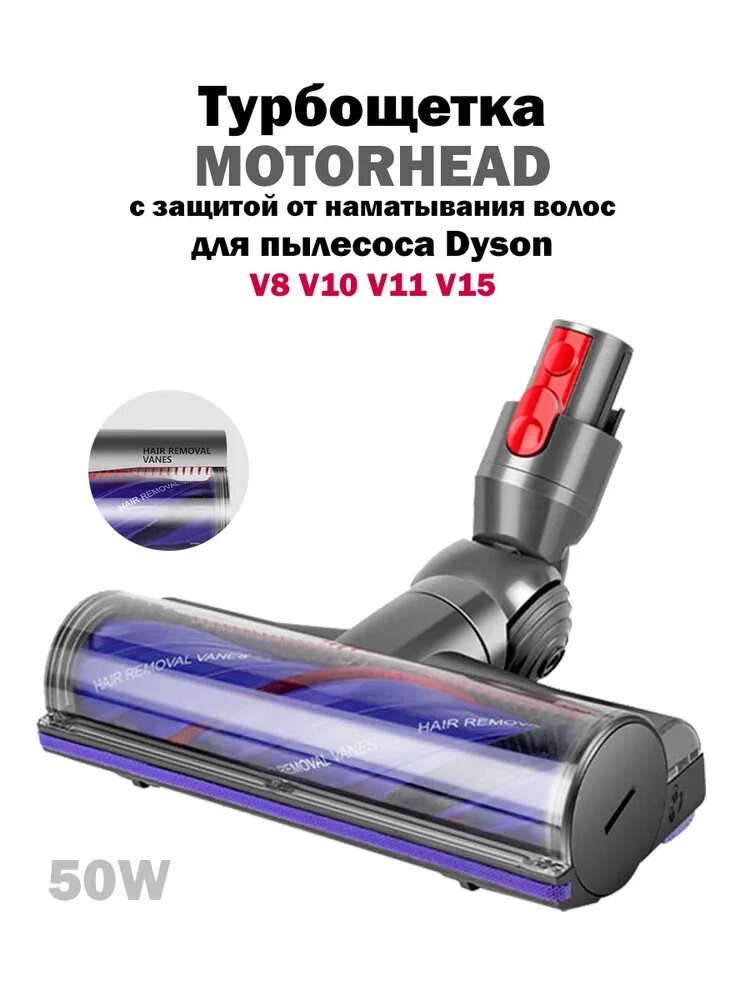 Турбощетка Motorhead для пылесоса Dyson V11 V15 V10 V8 с защитой от наматывания волос и шерсти. Щетка Hair Removal Vanes для уборки ковров, ковровых покрытий, ламината, паркета и плитки.
