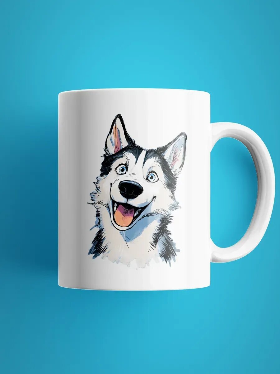 Кружка керамическая TOP CUP, С веселым хаски, белая, 330 мл, для чая и кофе