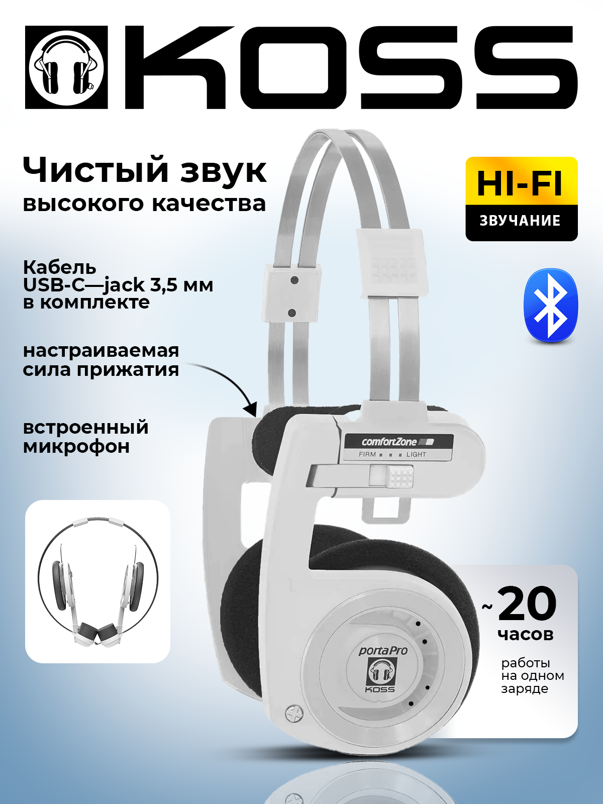 Накладные беспроводные наушники KOSS Porta Pro Wireless 2.0 Белый, 15 Гц - 25кГц, 101 дБ, 60 Ом. Bluetooth 5.2