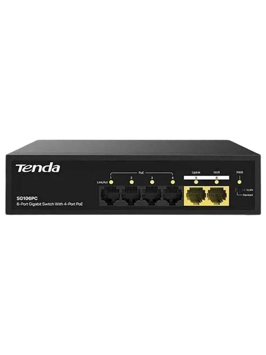 Коммутатор Tenda SG106PC неуправляемый PoE, 6 портов, 6x1 Гбит/с, PoE 4х до 30 Вт, 2хUplink, настольный