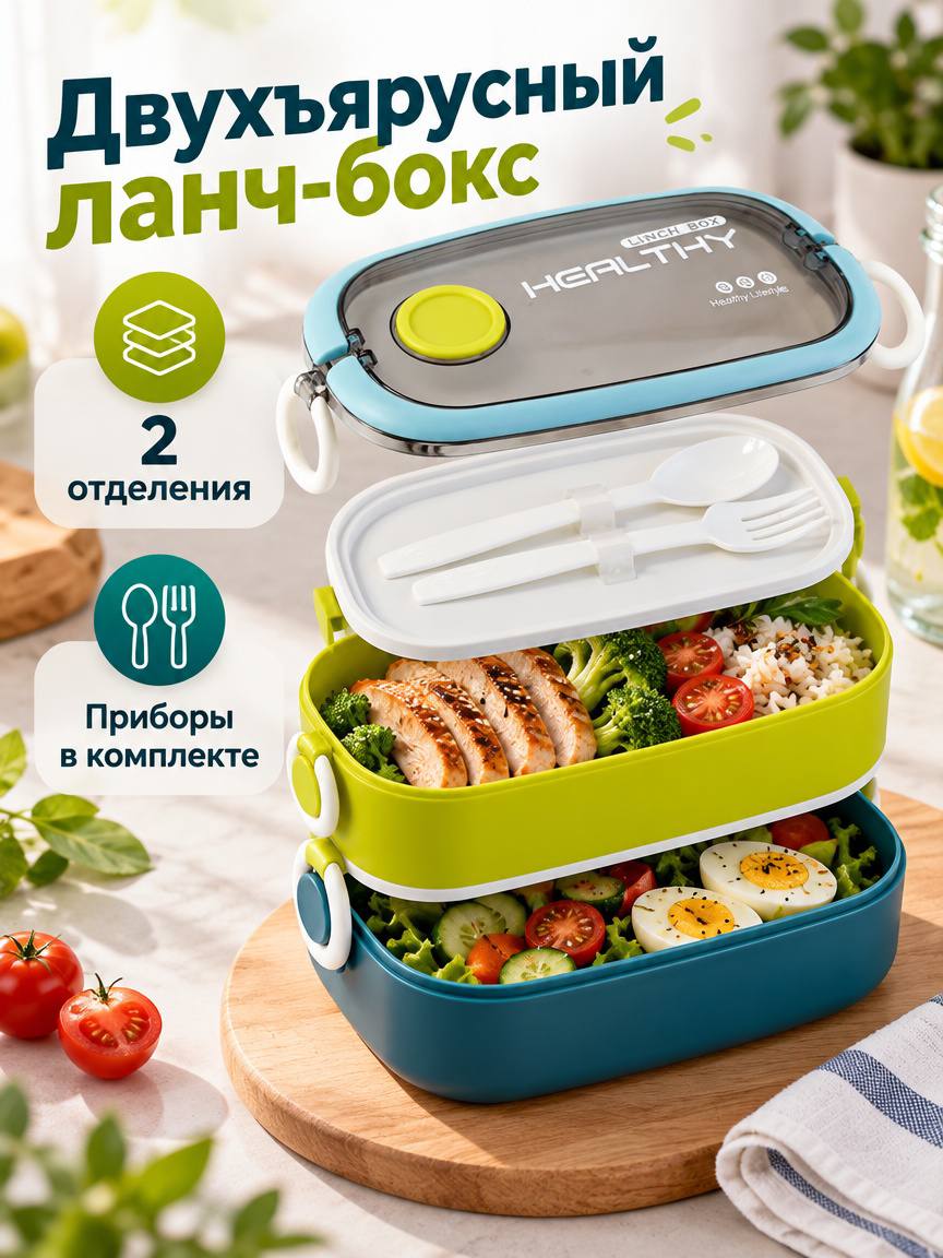 Ланч-бокс с двумя отсеками из металла разноцветный, в подарок ложка и вилка