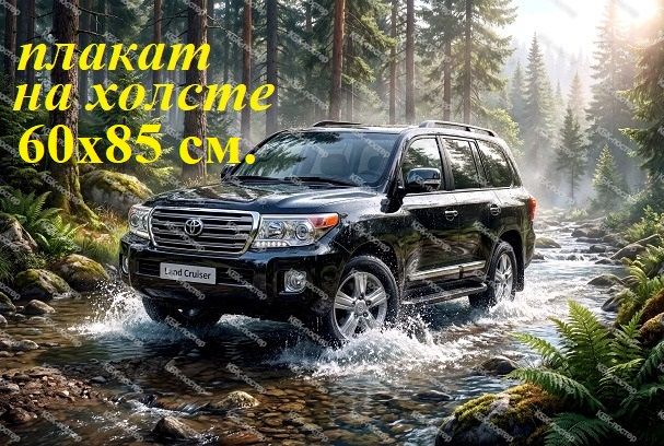 "Toyota Land Cruiser 200, движущийся по лесной речке". 60х85 см. Постер на холсте А1_010.