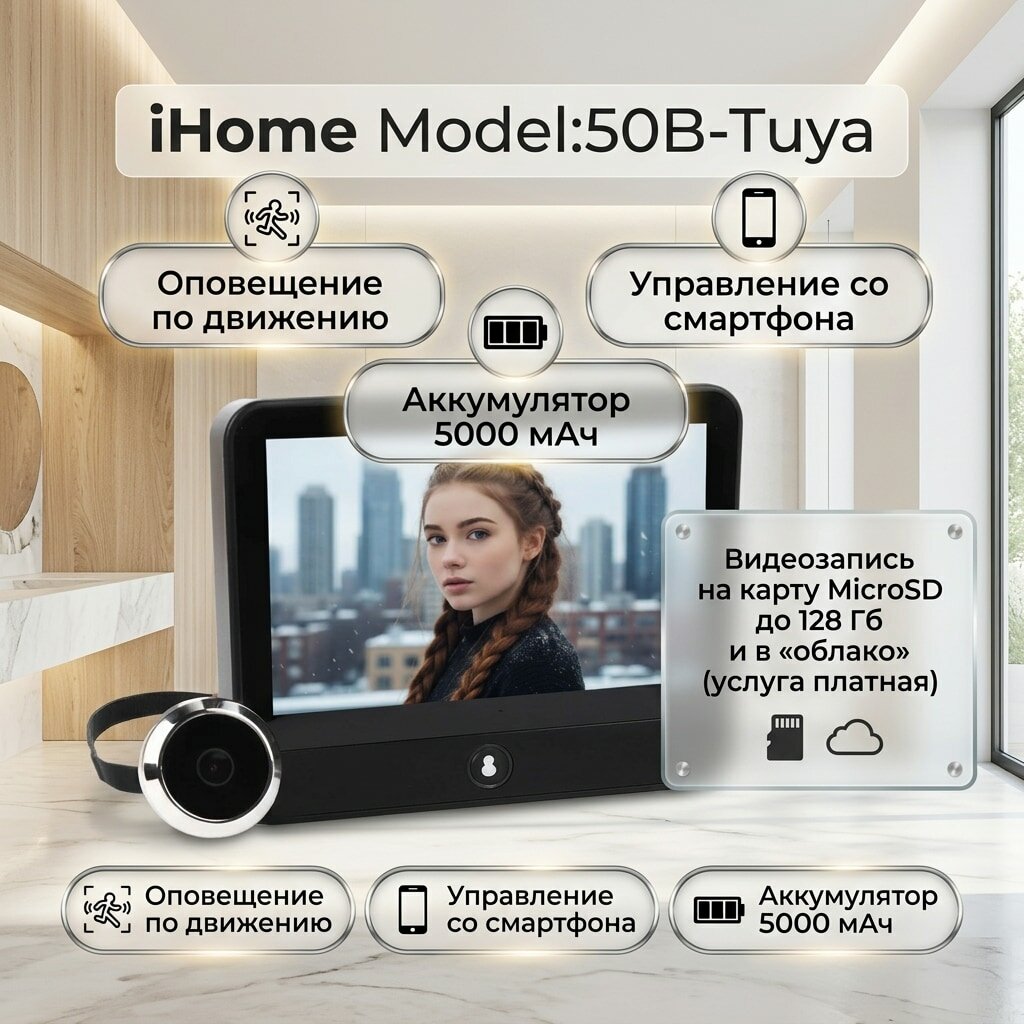 TUYA-WiFi видеоглазок на дверь - iHome 50B-Tuya запись на SD