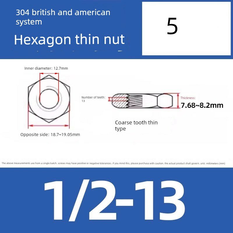 304 Нержавеющая сталь Гекс гайка 1/2-13 UNC Крупная резьба, 5 шт. для инженерных проектов