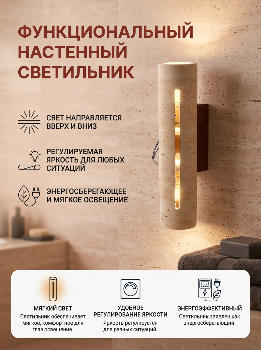 Травертиновое бра вверх-вниз, 3 режима цвета, 180-265V, настенный светильник для гостиной, спальни, прихожей и ТВ-зоны
