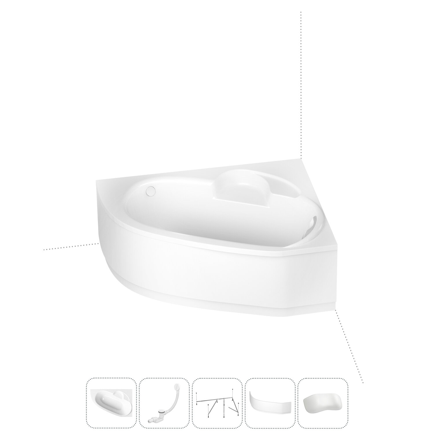 Угловая ванна акриловая 160 x 105 с каркасом и экраном Lavinia Boho Bell Pro 202011684 в наборе 5 в 1: асимметричная ванна (правый разворот), слив-перелив, каркас, экран, подголовник