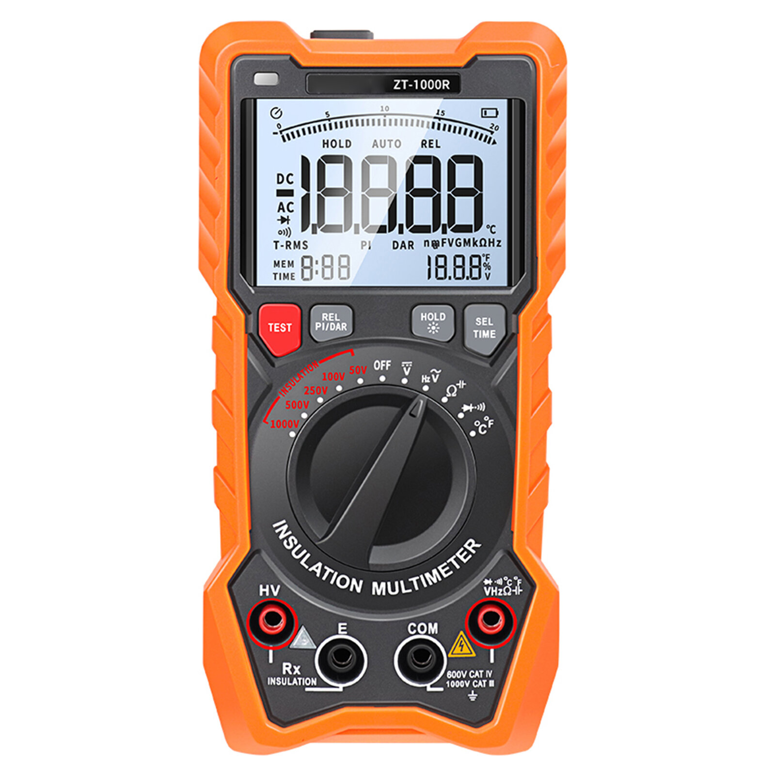 Мегаомметр ZT-1000R 2 в 1, тест изоляции 50-1000V, DAR/PI, True RMS, подсветка LCD и фонарь