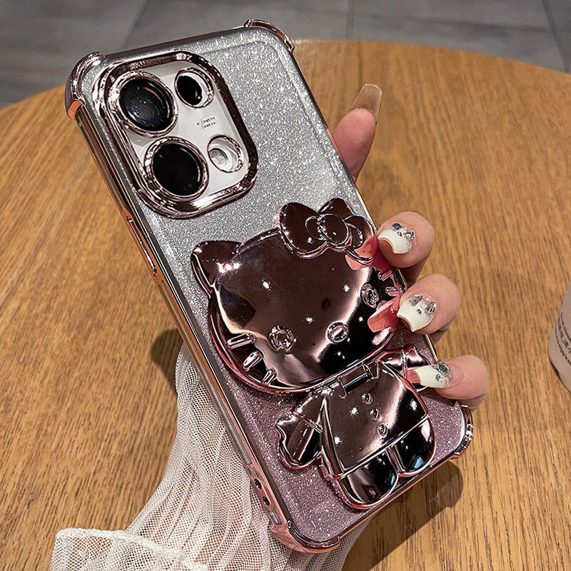 Чехол с зеркалом KT Cat и защитой 4 углов для OPPO Reno10 Pro, Глиттер, Розовое золото