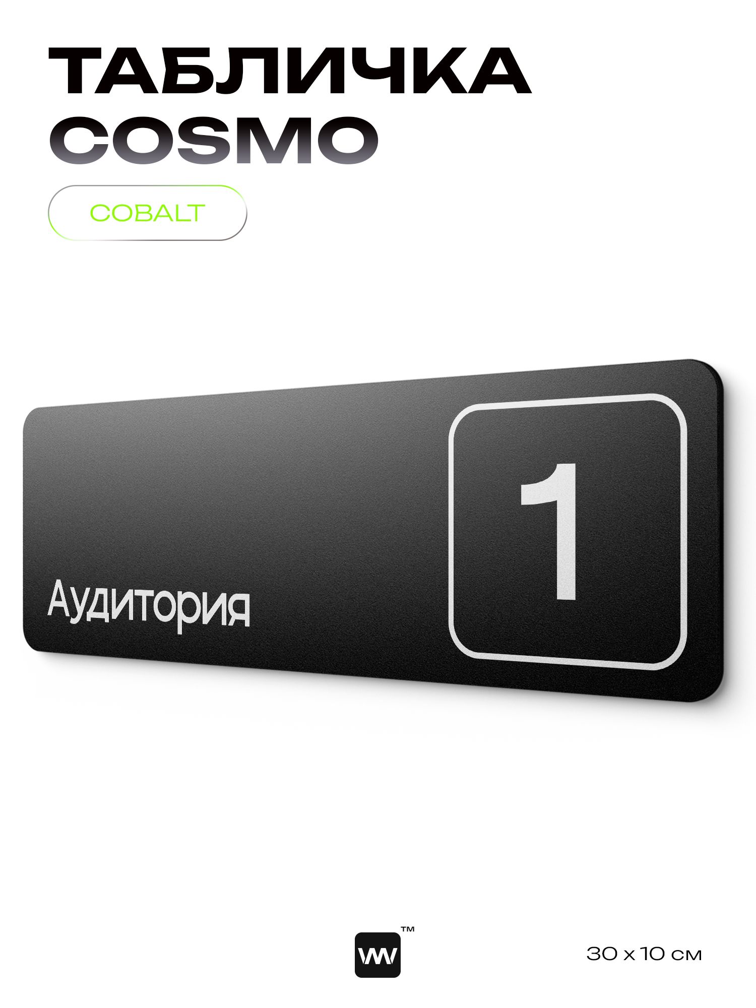 Таблички с номером аудитории "Аудитория №1", для офиса, 30 х 10 см, серия COSMO 3010, черная, Айдентика Технолоджи