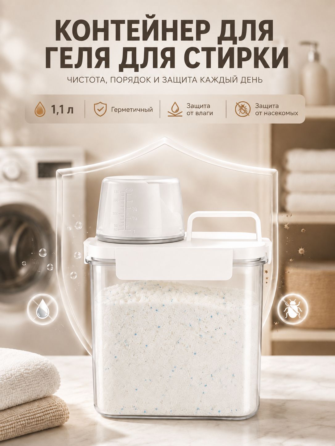 Контейнер для стирального порошка 1.1 л белый пластиковый с крышкой прямоугольный, Универсальный для геля и порошка