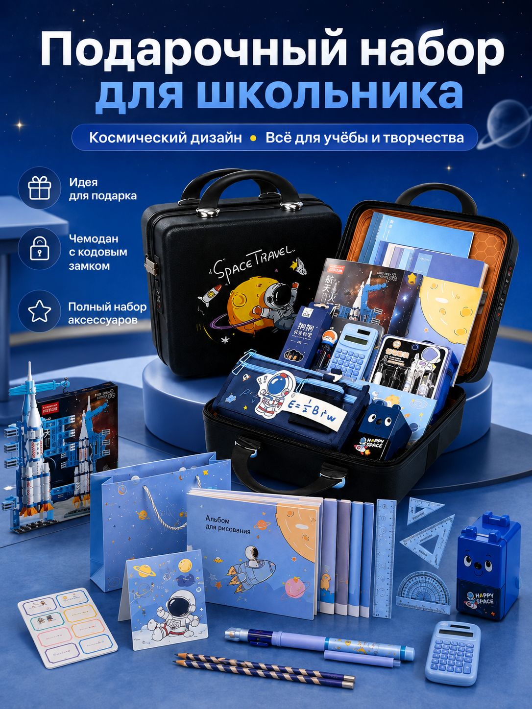 Большой подарочный набор канцелярии для школьника, космический набор с чемоданом и пеналом, школьные принад