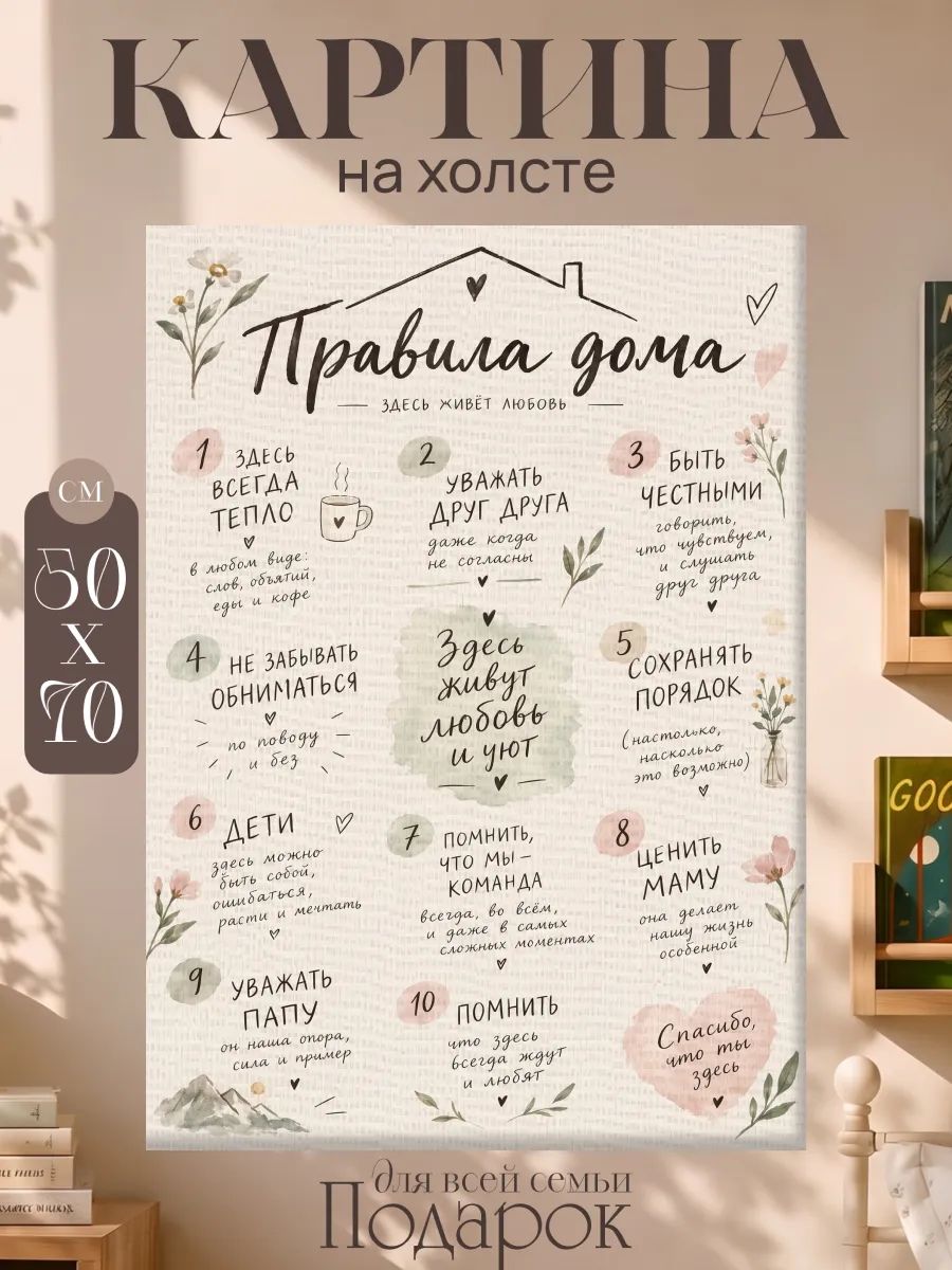 Картина на стену для интерьера 50х70 Правила дома