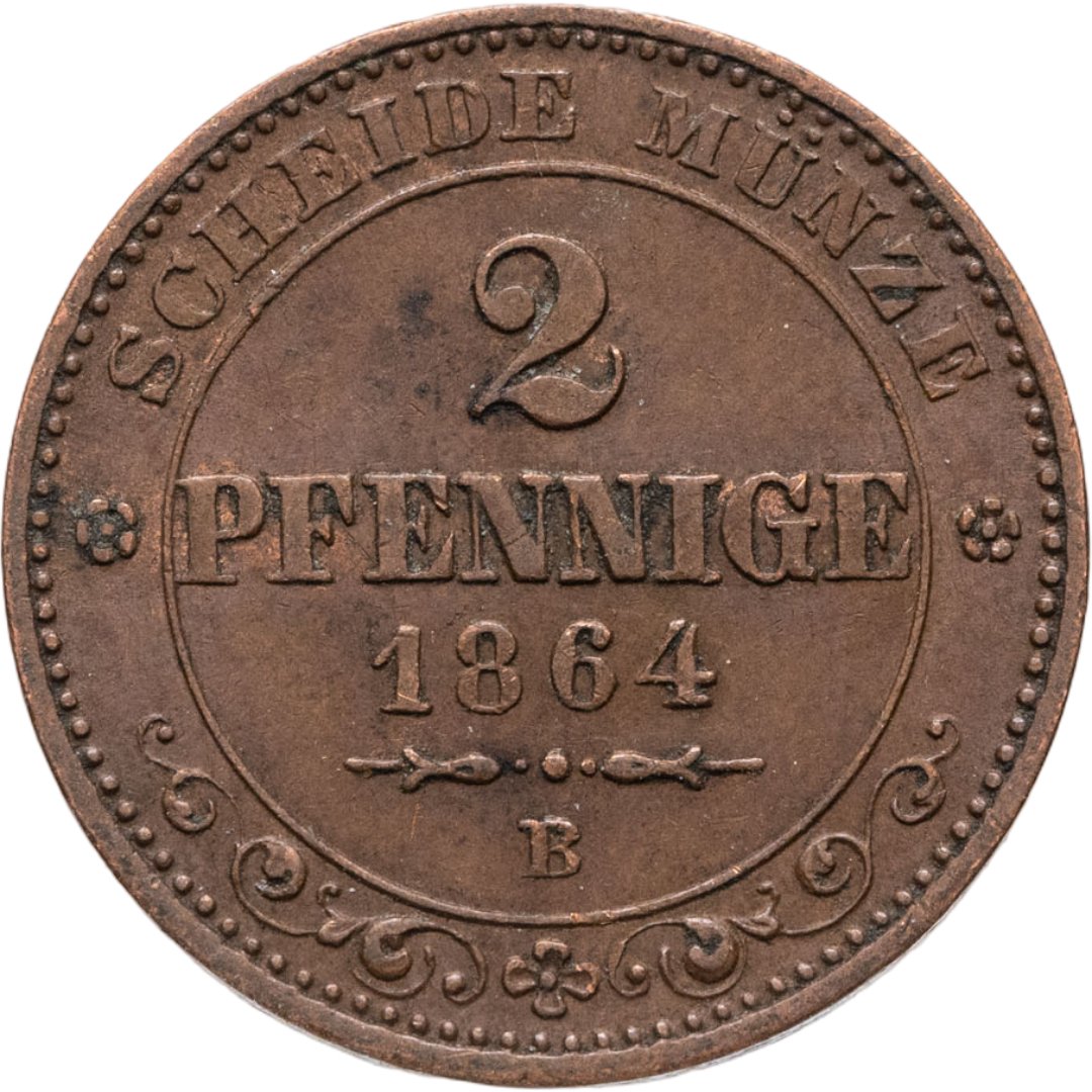 Германия, Саксония 2 пфеннига 1864, Медь, в сохранности AU