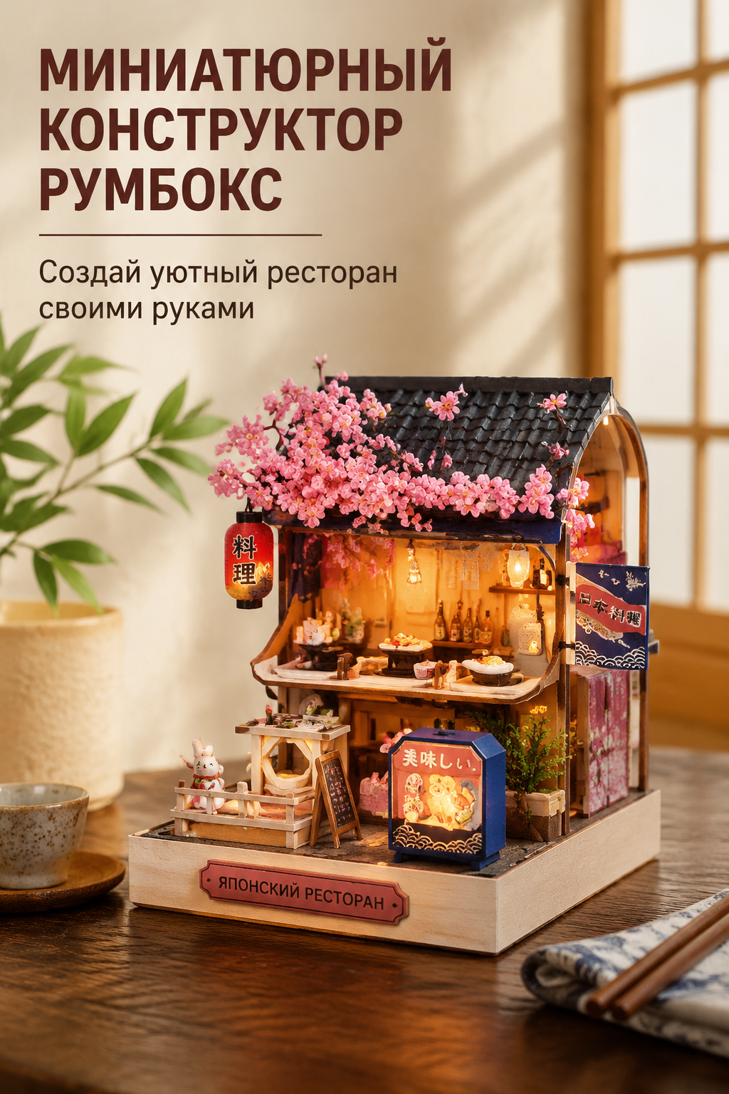 Миниатюрный интерьерный конструктор домика с подсветкой и куполом, ресторан, 90 деталей