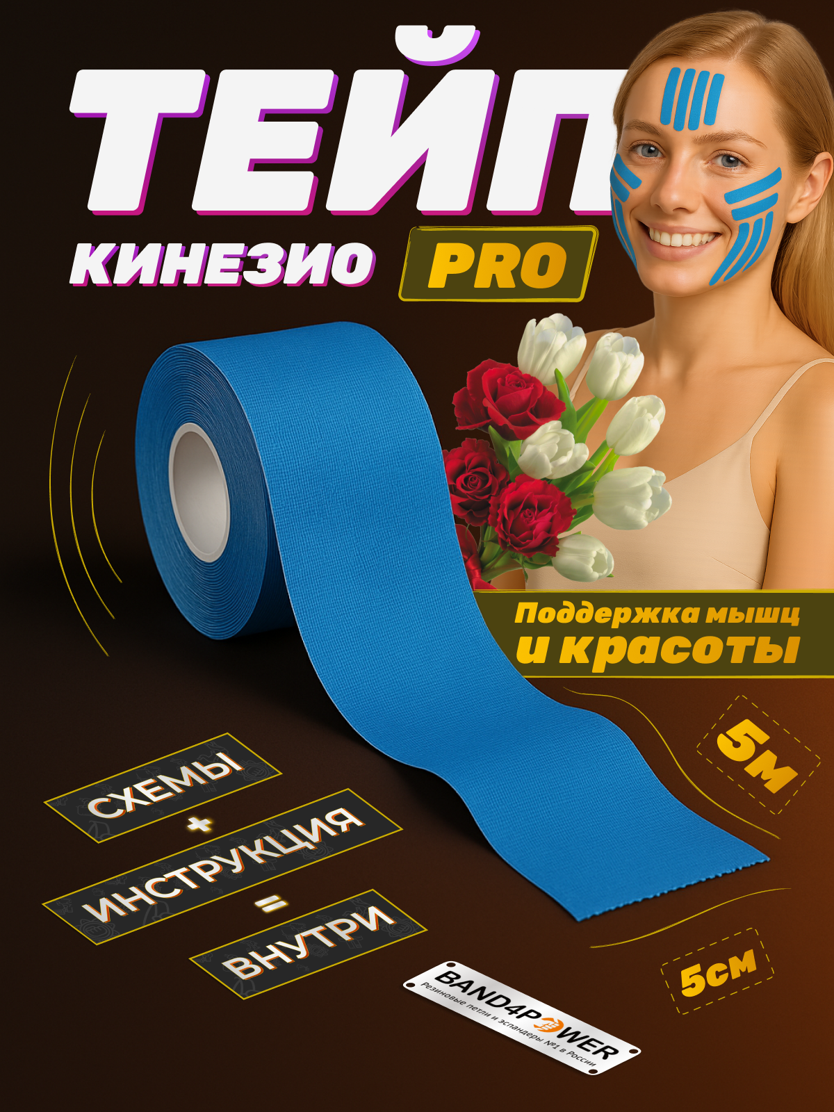 Кинезио тейп-лента для лица и тела, омоложение и восстановление, 5 см х 5 м