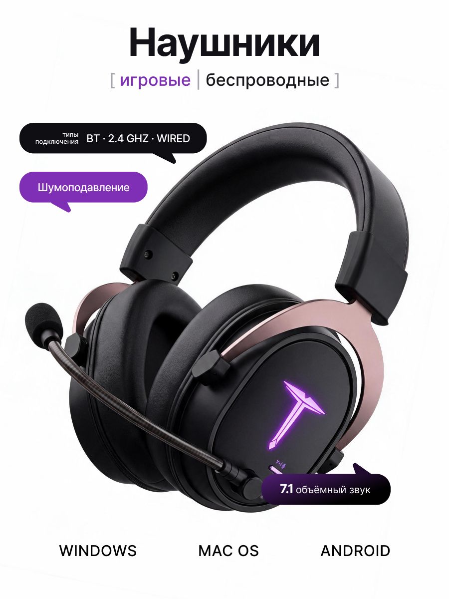 Наушники игровые беспроводные Gartenn G1000 с микрофоном для компьютера и ПК, накладные полноразмерные, Bluetooth, 2.4G, провод 3.5 мм