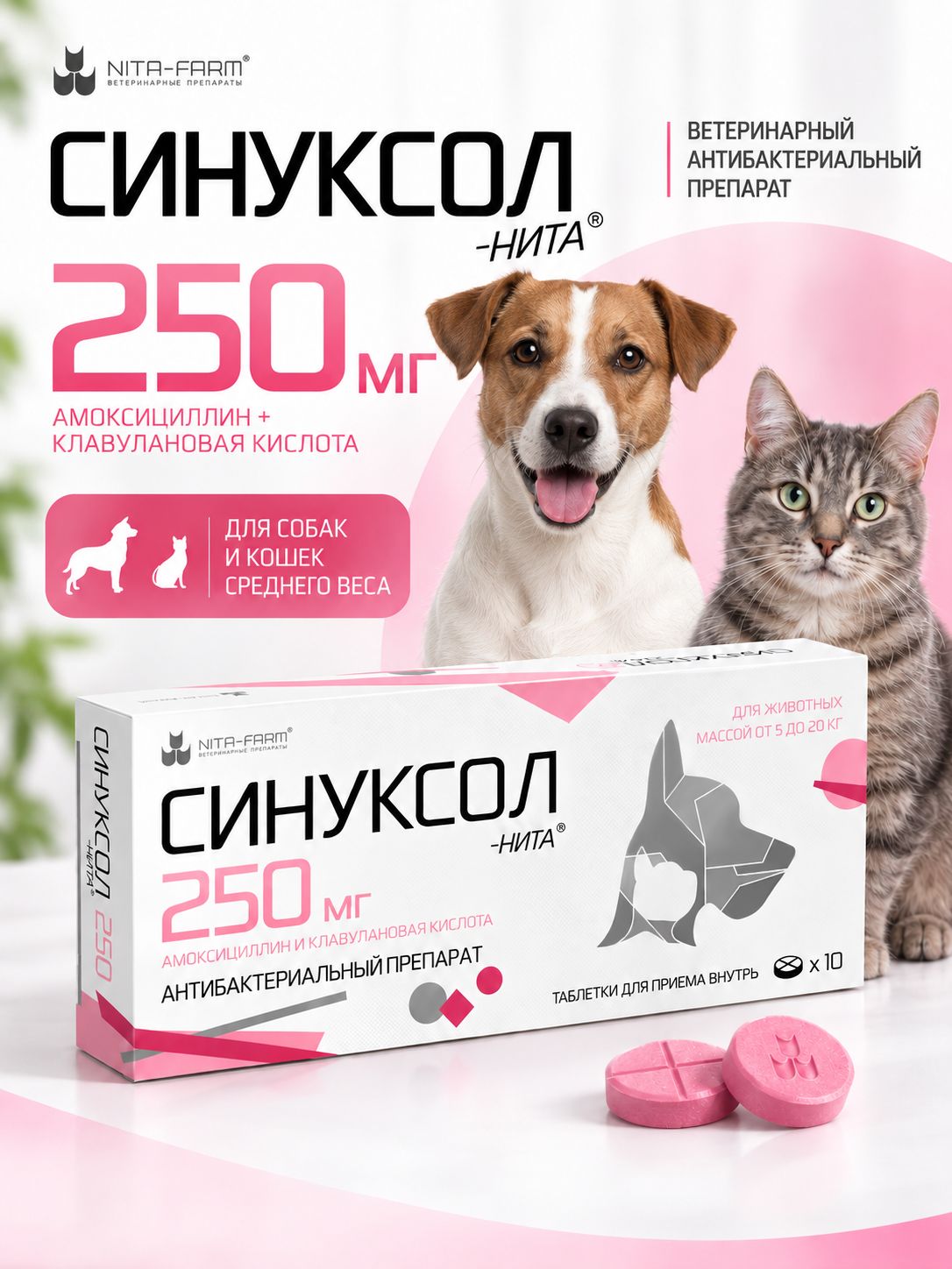 Синуксол-Нита 250 мг для собак и кошек, 10 таблеток, 1 уп