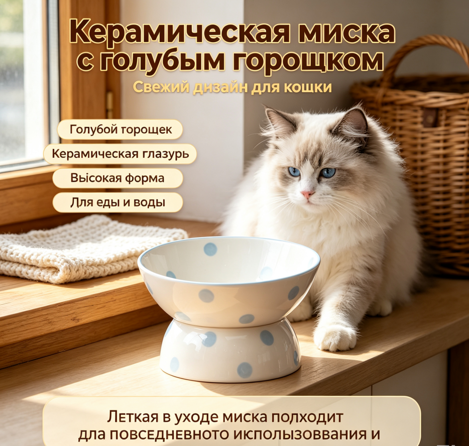 Керамическая миска для кошек с точками, высокая миска для еды и воды, защита шеи, противоопрокидывающаяся, стильный