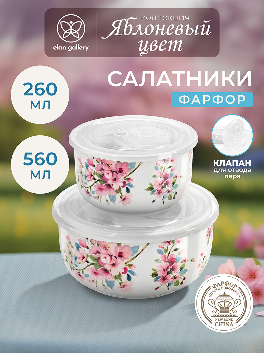 Салатник, миска, контейнер с пластиковой крышкой 2 шт Elan Gallery Яблоневый цвет на белом, 560 мл, 260 мл, набор