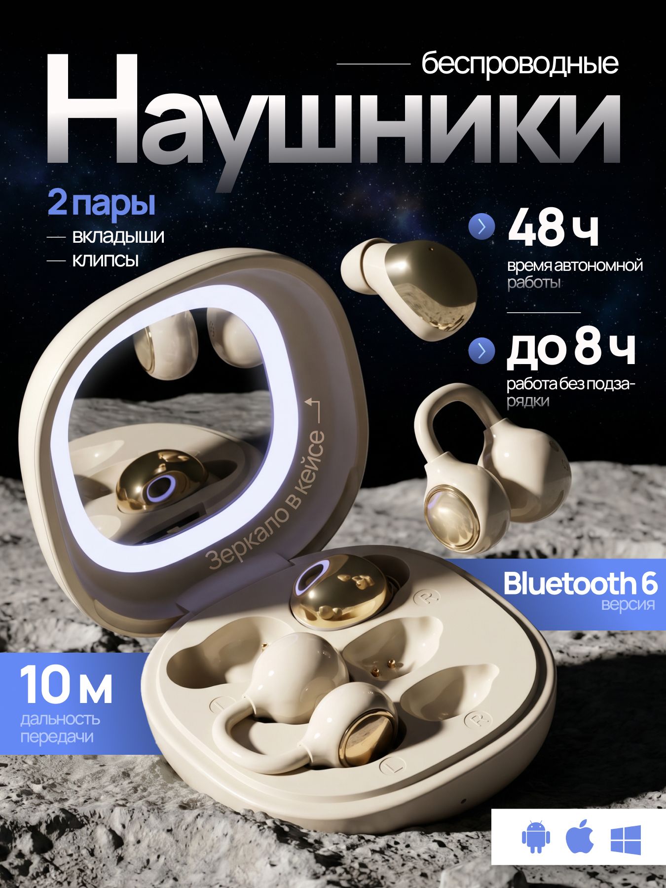 Наушники-клипсы. Наушники клипсы и вкладыши беспроводные 2 пары