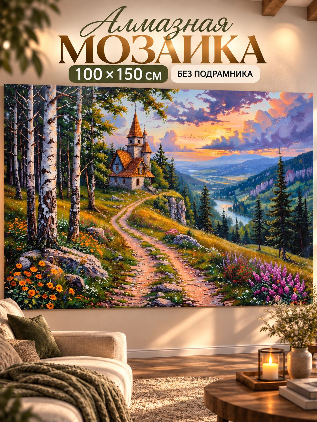 Алмазная мозаика большая Дом в лесу 100х150 без подрамника