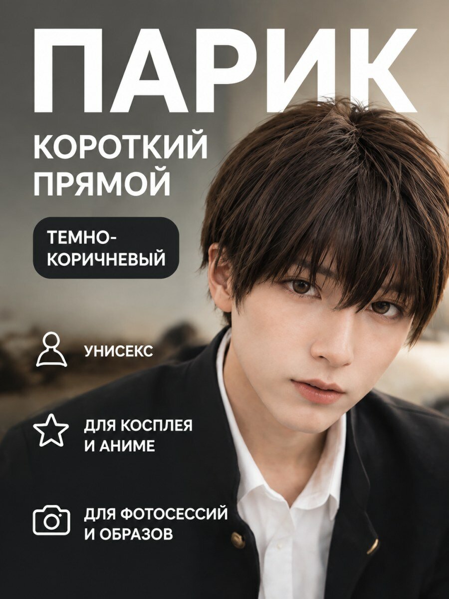 Парик мужской короткий прямой из канекалона темно-коричневый для косплея в японском стиле