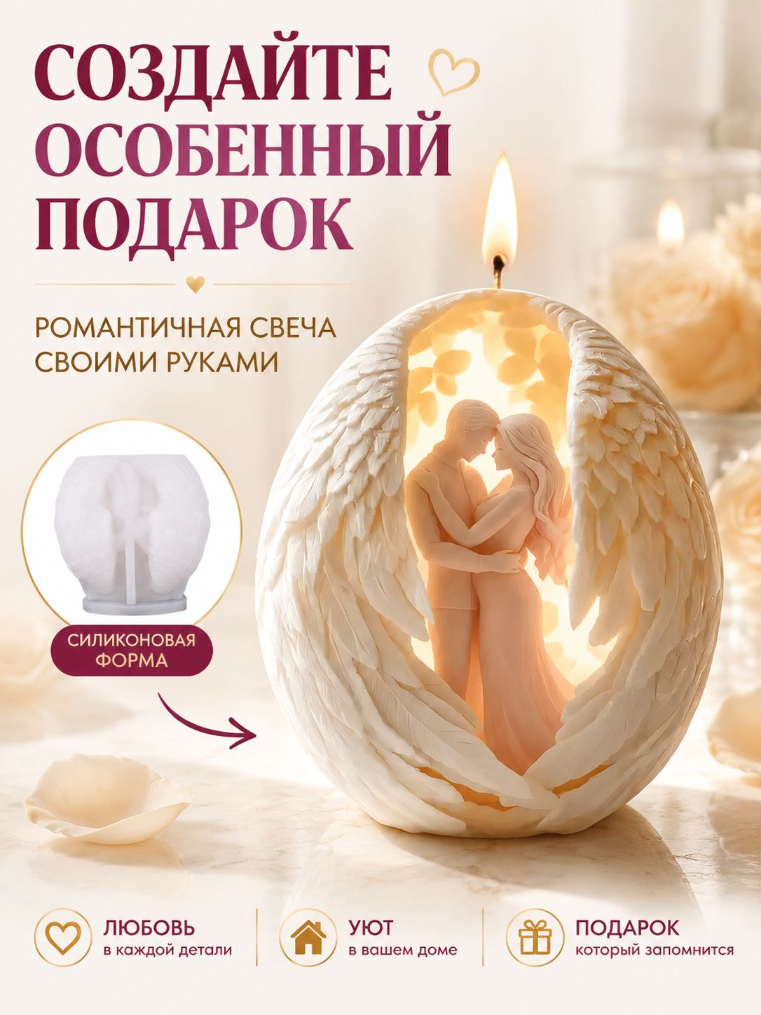 Силиконовая форма Крылья любви для свечей и аромасаше молд для арома камней, м, декоративная или ароматическая свеча для