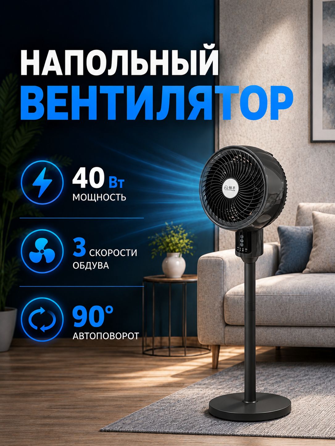 Напольный вентилятор 3, черный