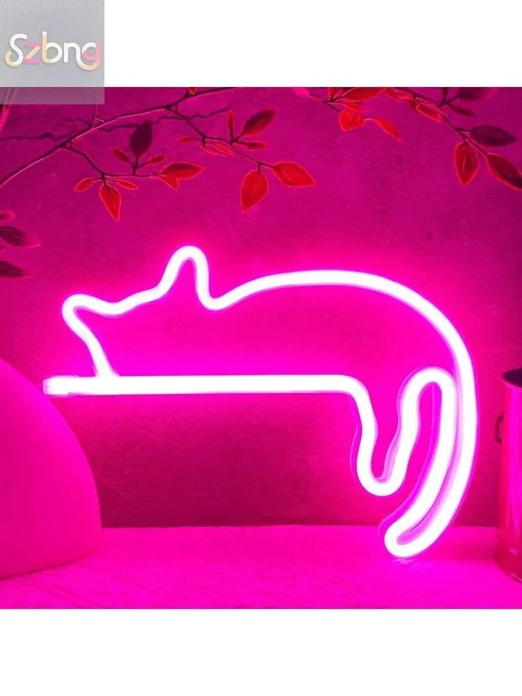 Неоновая светодиодная вывеска Lazy Cat Pink Light с питанием от USB и батареей для детской комнаты, спальни тематического декора