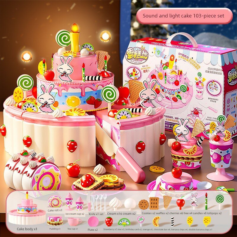 Роскошный набор для игры с тортом розовый, 3 слоя, 103 детали, с подарком мороженого, для детей 3-6 лет