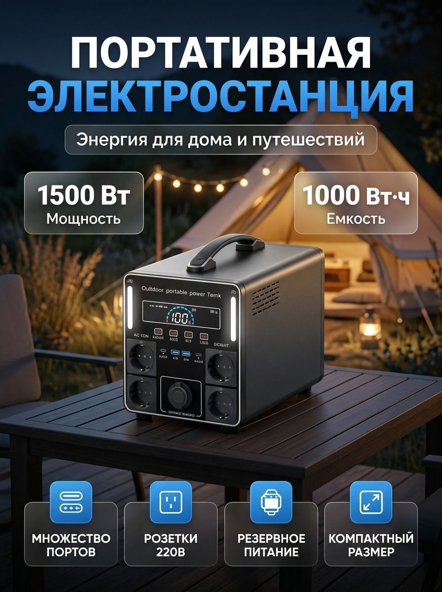 Внешний аккумулятор, 1000 Вт, резервное питание 220В