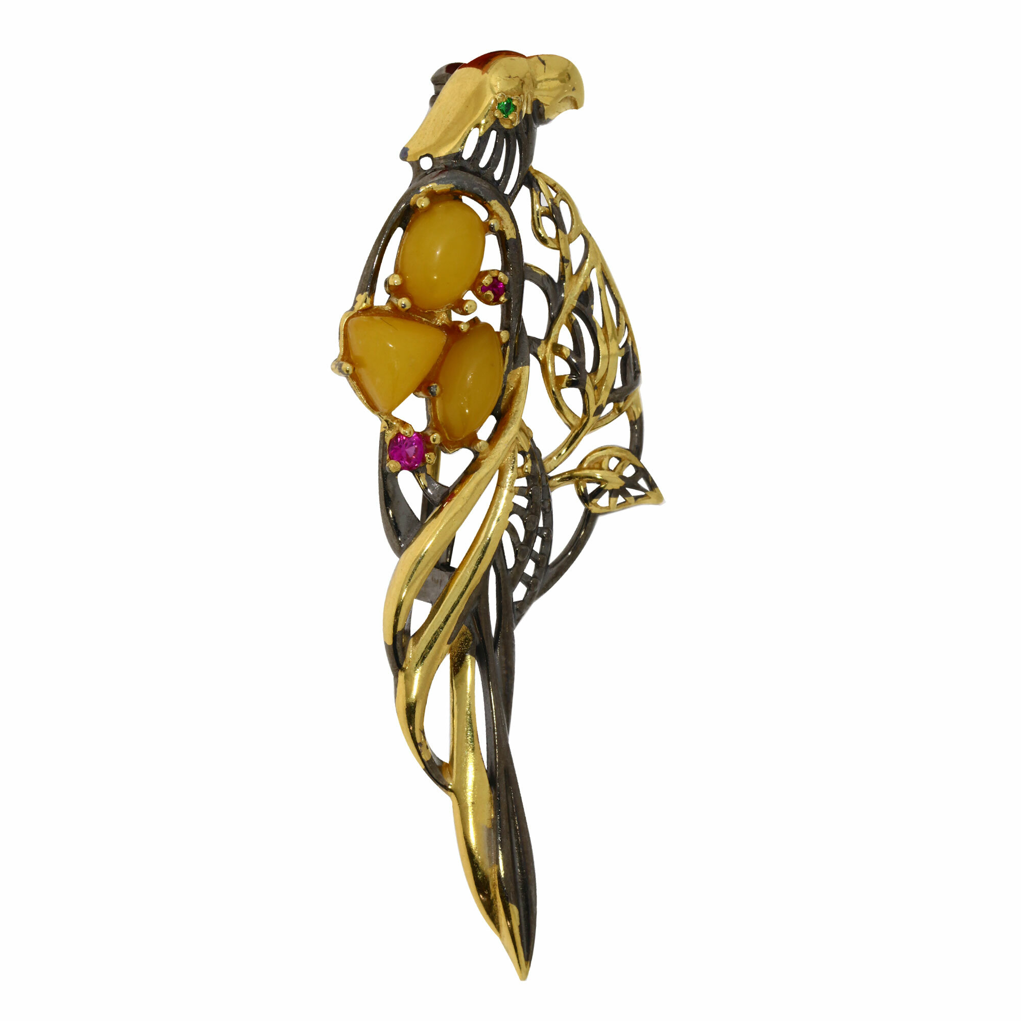 Брошь Diamant online, серебро, 925 проба, золочение, фианит, янтарь