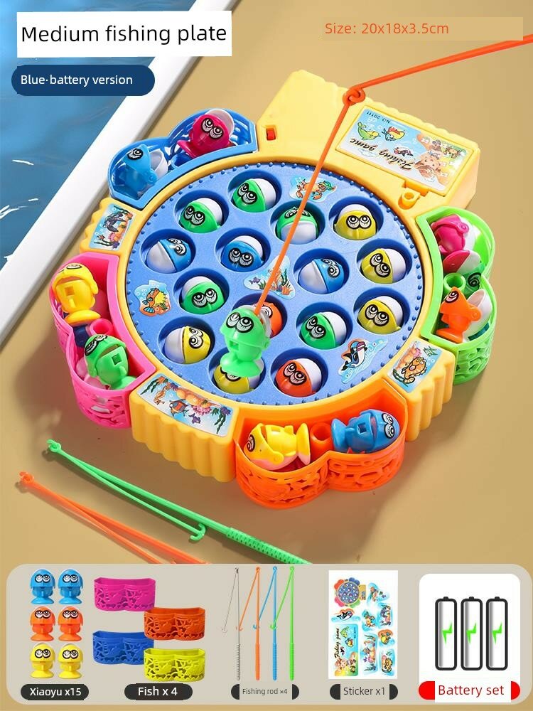 Электрическая рыболовная игрушка для малышей 1-3 лет, 15 рыбок и 4 удочки, работающая от батареек, синяя, средняя модель