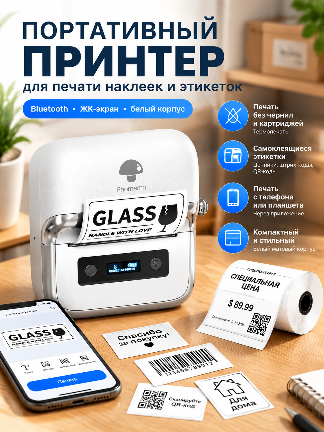 Портативный принтер для наклеек и этикеток (термопринтер) Bluetooth, ЖК-экран, белый