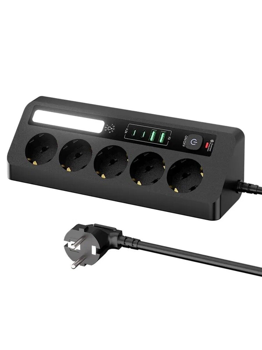 9-в-1 розетка KINGLINK с ночником 5 EU розеток + 4 USB 2500Вт Огнестойкость 850 C Кабель 1.8м