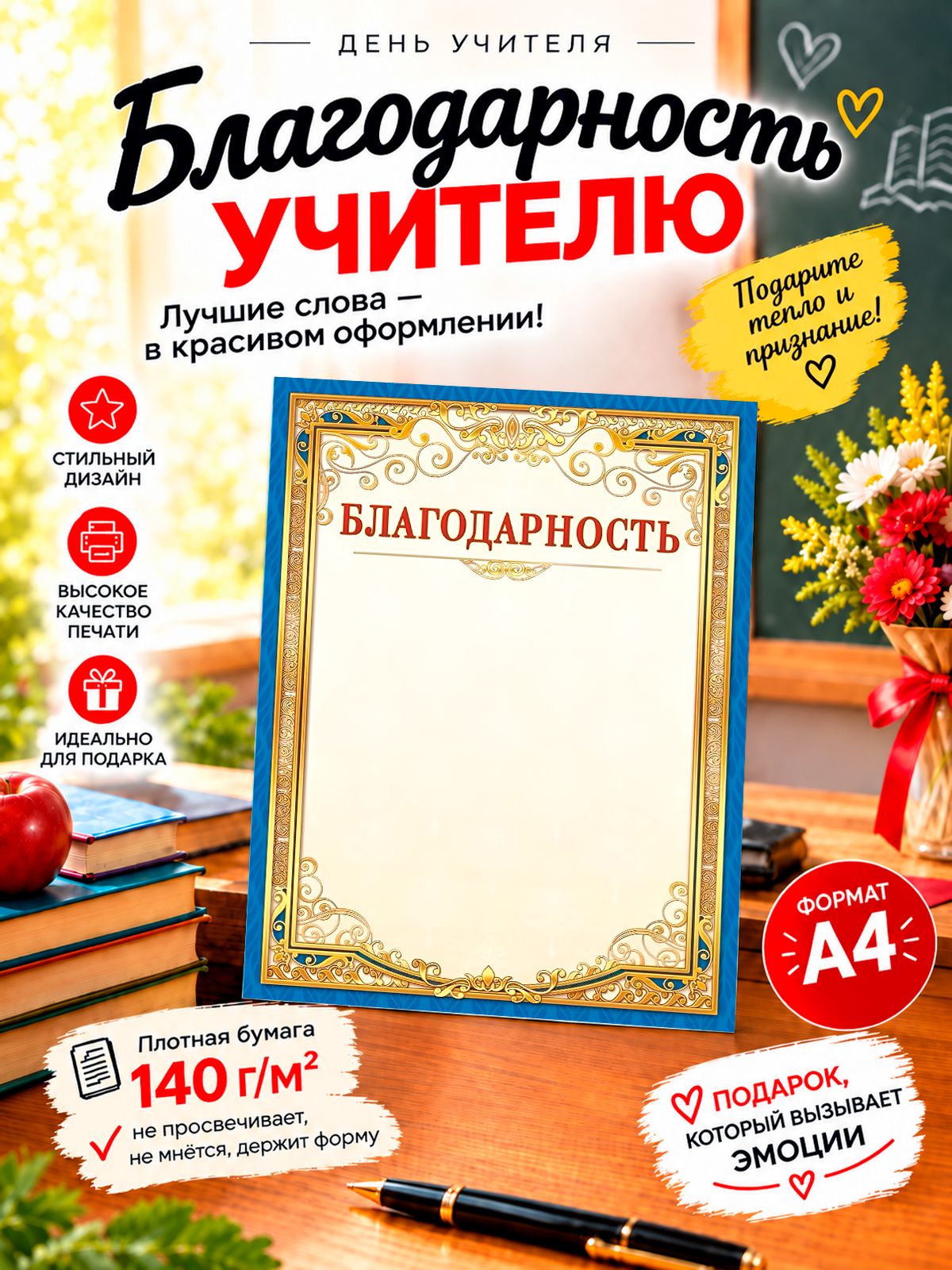 Благодарность ко Дню учителя, А4, 140 г/м , 5 шт.