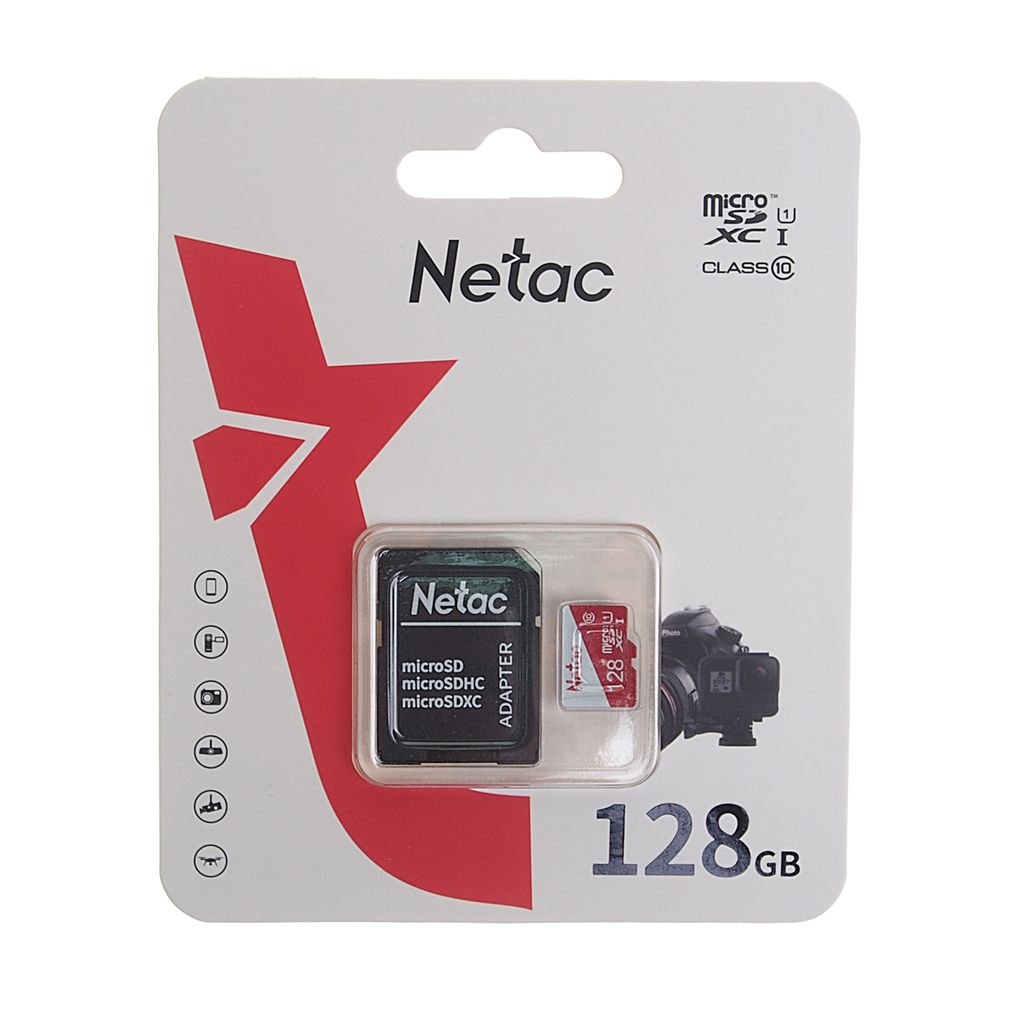 Карта памяти 128gb microsd class 10 + sd адаптер netac