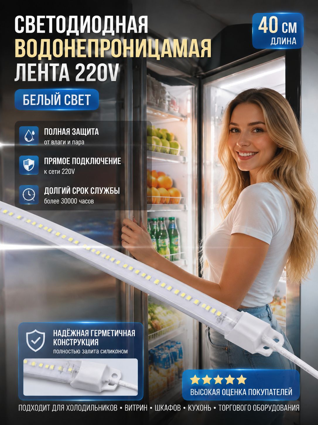 Универсальная водонепроницаемая светодиодная лента для холодильников 1 шт, длина 40см, белый свет, напряжение 220В, энергосбережение