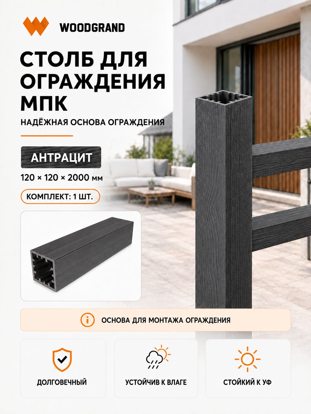 Столб для ограждения из МПК, Антрацит, 2 метра - 1 шт