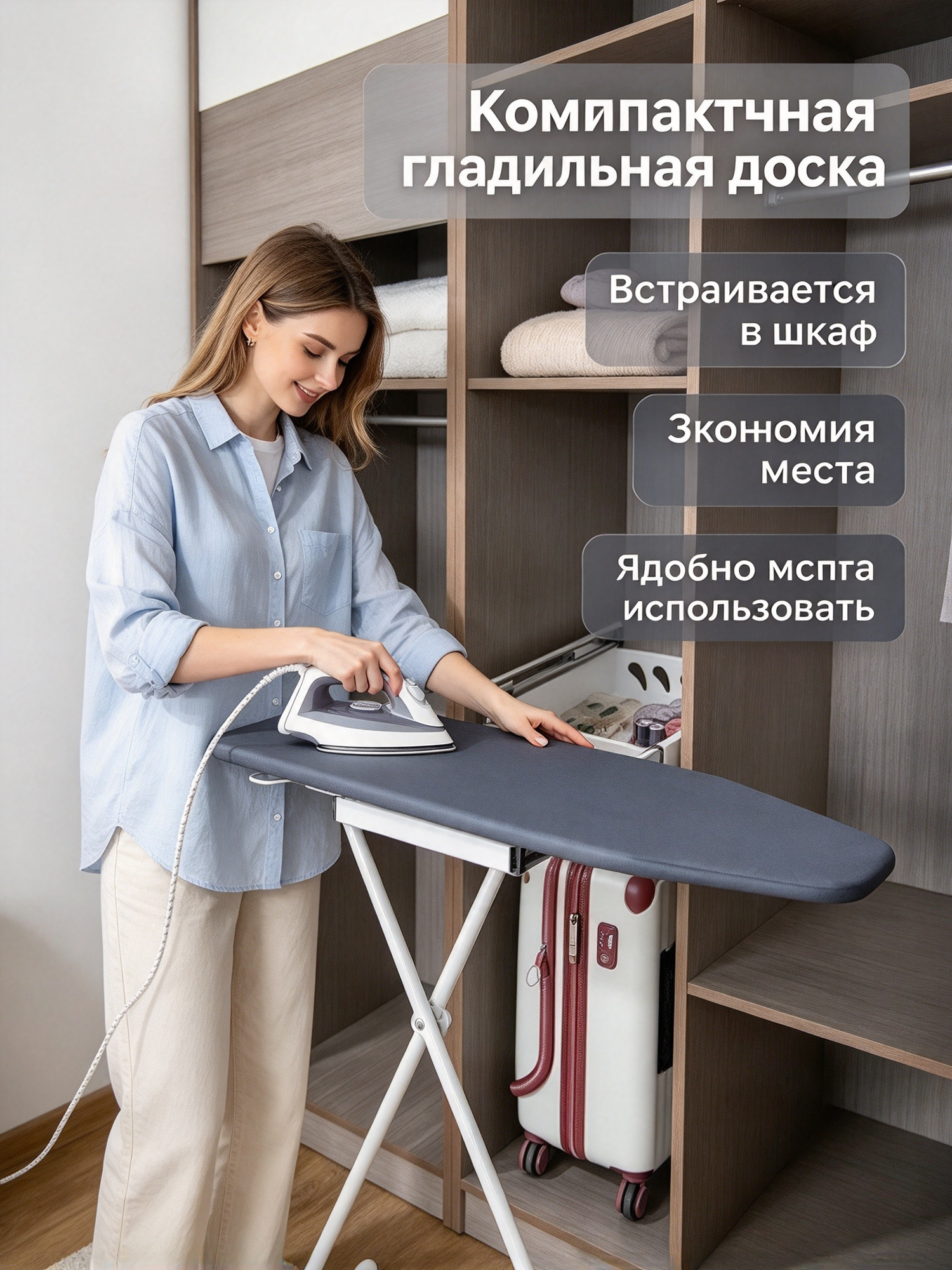 Складная гладильная доска, устанавливаемая в шкафу, выдвижная, раскладывающаяся и вращающаяся.